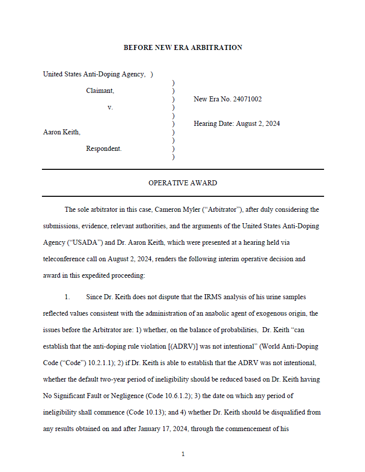 Aaron Keith Receives Doping Sanction from Arbitrator | USADA